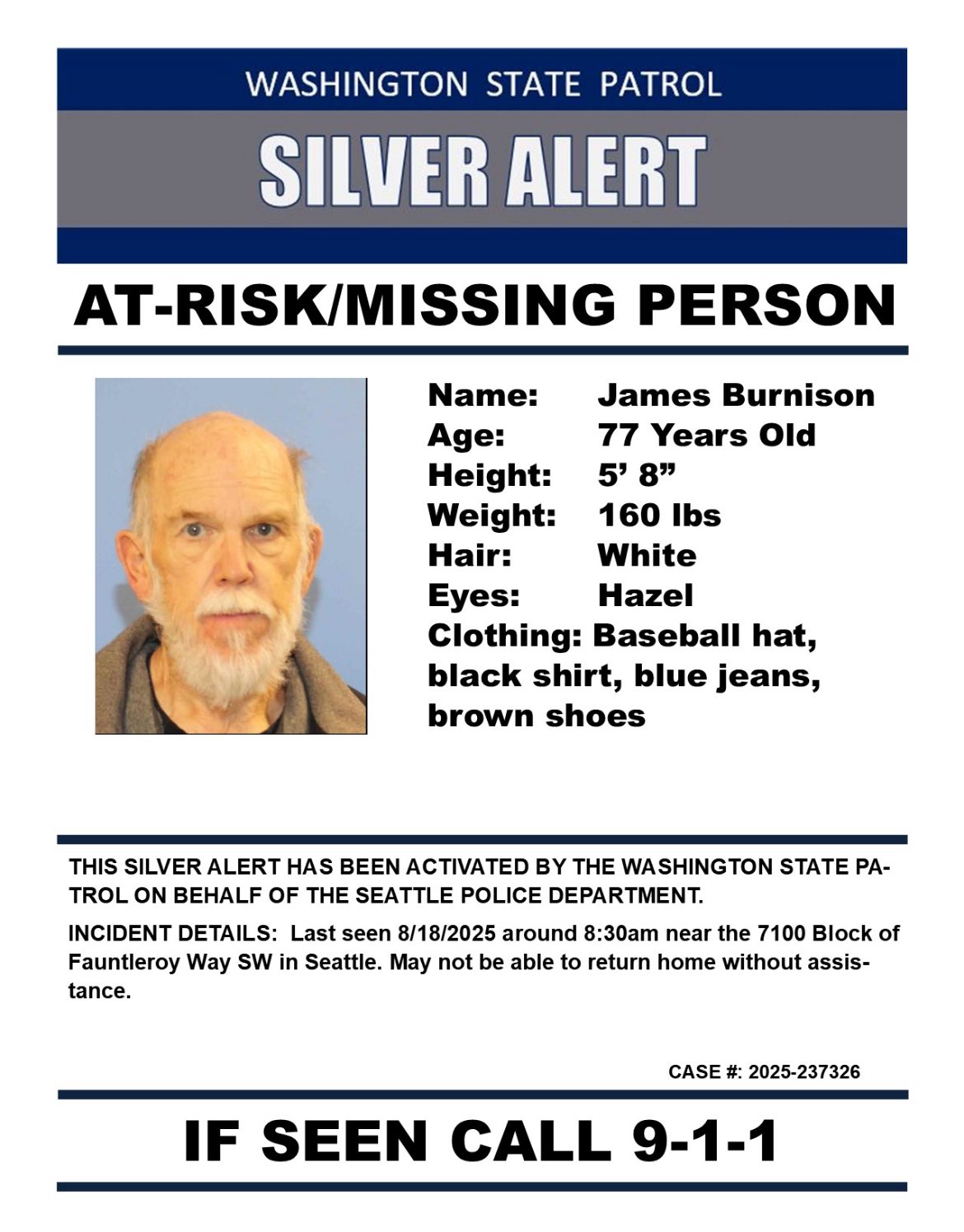 SILVER ALERT: Have you seen James? – Bellevue Seattle